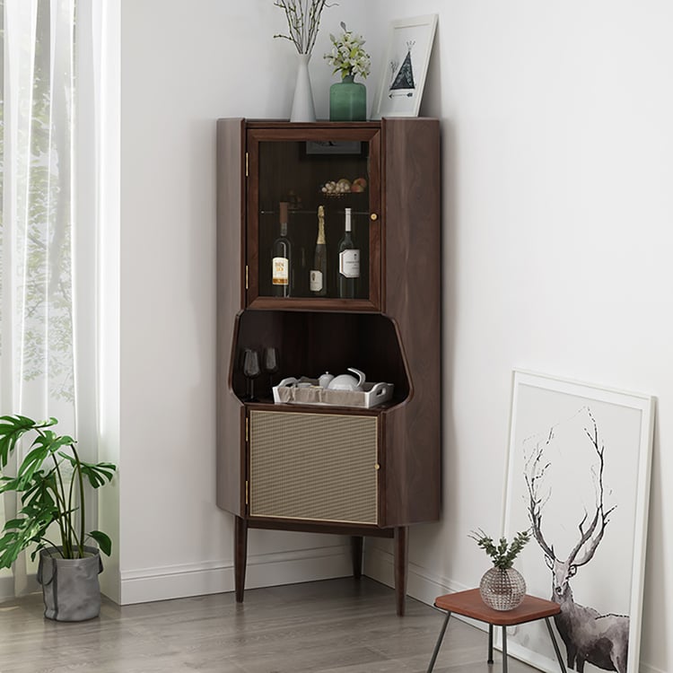 Nordic Walnut Corner Cabinet 2 Door Bar Cabinet with Hutch Shelf Rattan Woven Homary