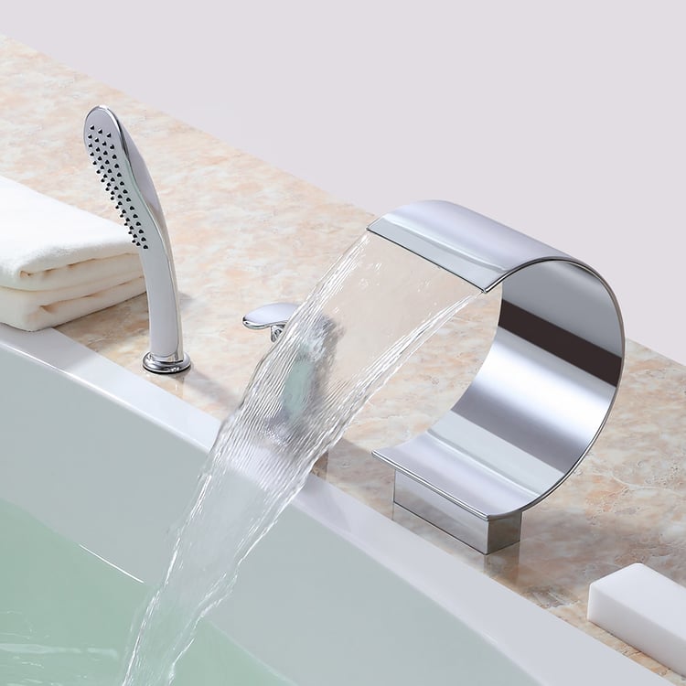 Mooni Waterfall 3-Hole Bath Filler Tap with Hand Shower Solid Brass in ...