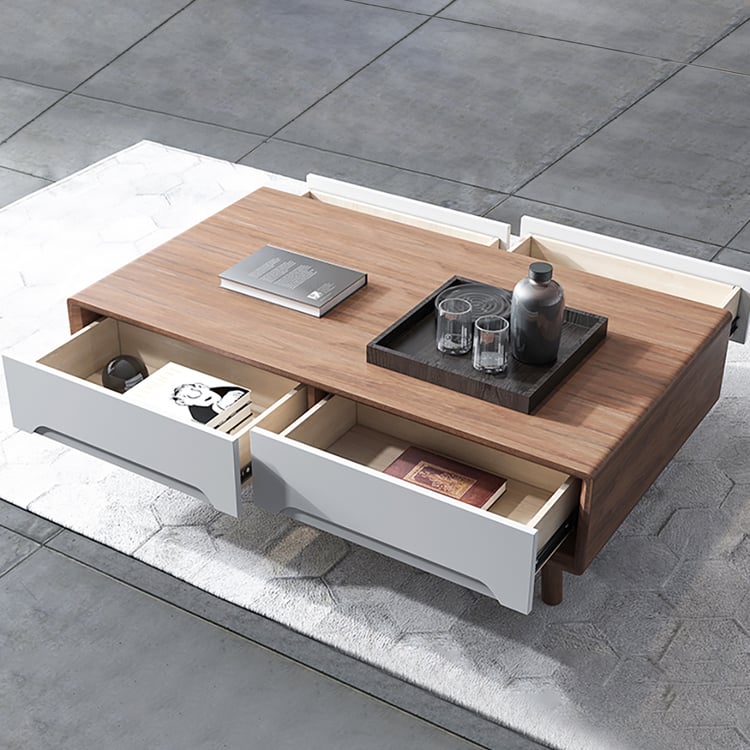 White Modern Coffee Table with Drawers in Oak｜Homary