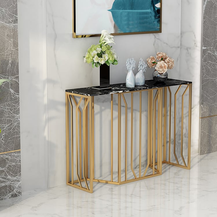 1000mm Black Narrow Console Table with Marble Top & Metal Frame｜Homary UK