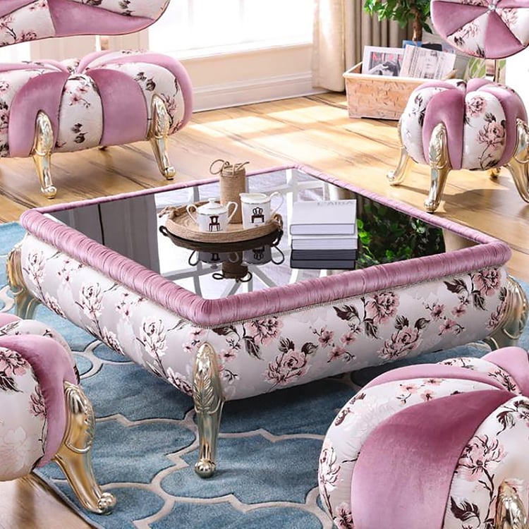 Traditional Square Coffee Table Tempered Glass Top & Wood Legs in Pink ...