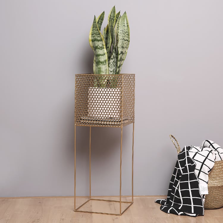 Gold Chic Freestanding Cube Plant Stand in Golden Metal-Gold | Homary