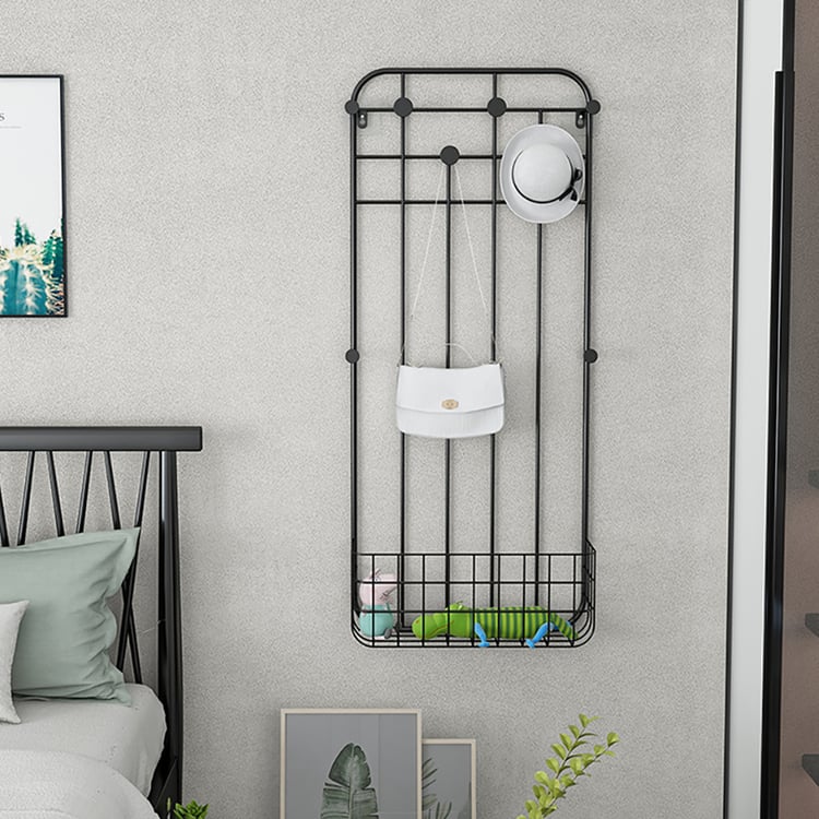 Small Black Modern Wall Shelf with Hooks & Bin for Entryway | Homary AU