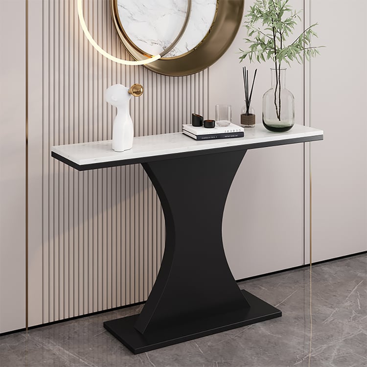 Modern Marble Console Table with Metal Pedestal in Black｜Homary