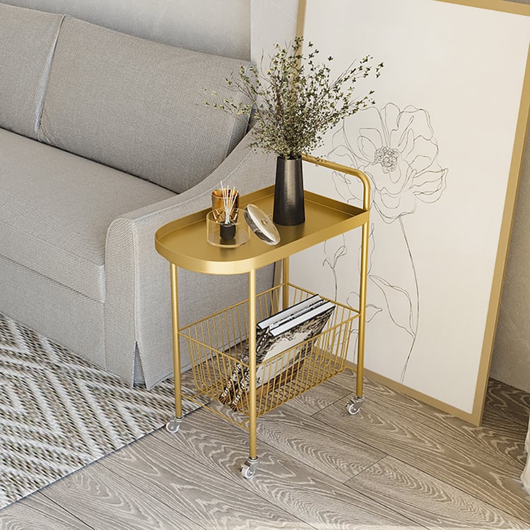 Modern Gold Bar Cart in Metal End Table with Storage｜Homary