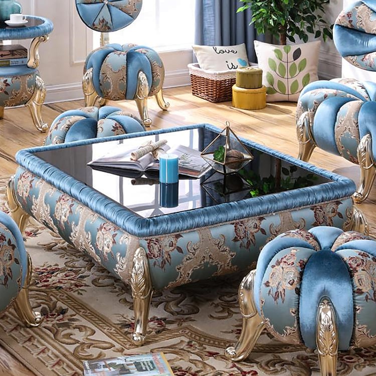 Traditional Square Coffee Table Tempered Glass Top & Wood Legs in Blue ...