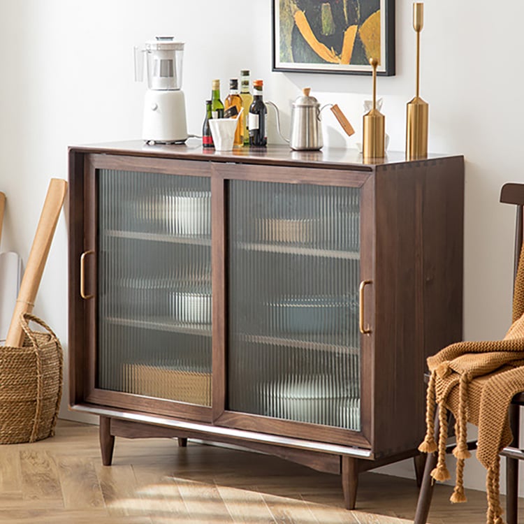 Nordic Walnut Sideboard Rectangular Buffet with Glass Sliding Doors ...
