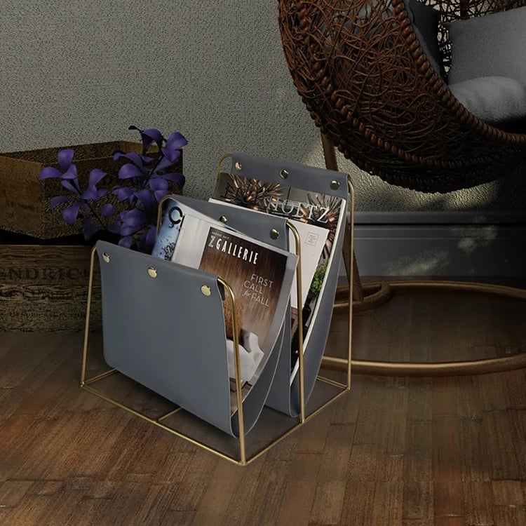 Grey 2-Tiered Decorative Magazine Rack in Leather | Homary UK