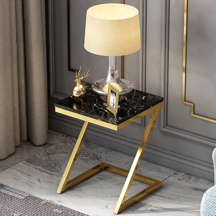 Black Modern Z-Shaped End Table Marble Top Metal｜Homary