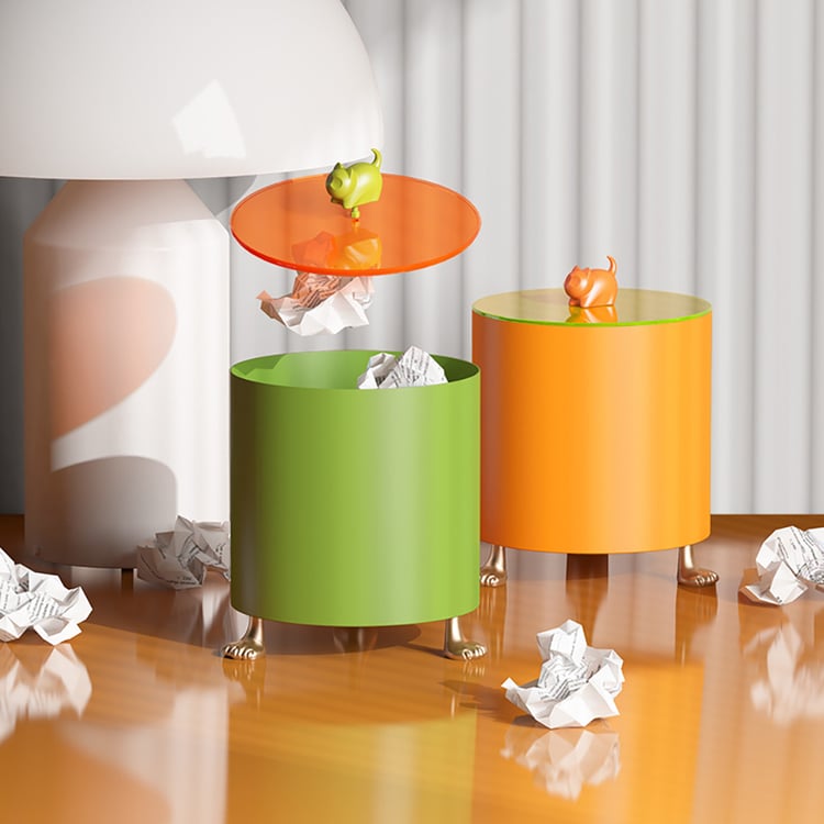 Round Desk Organiser Storage Box Mini Rubbish Bin with Arcylic Lid ...