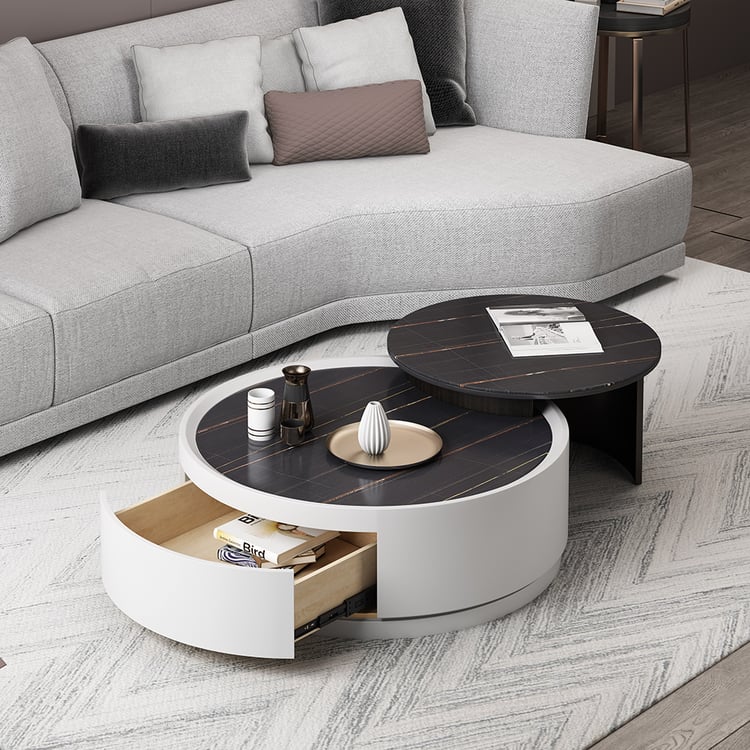 White Modern Nesting Coffee Table Set with Drawer Sintered Stone Top｜Homary