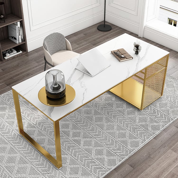 White Modern Office Desk with Storage Sintered Stone Top & Metal Frame ...