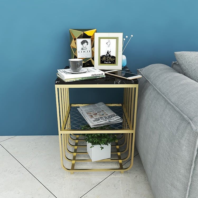 Square Marble Side Table with Storage End Table with Metal Shelf in ...