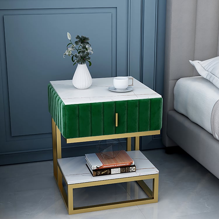 Green End Table with Shelf & Drawer Metal Frame｜Homary