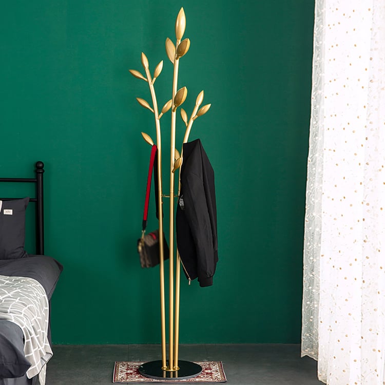 75" Gold Modern Unique Metal Coat Rack Marble Base｜Homary