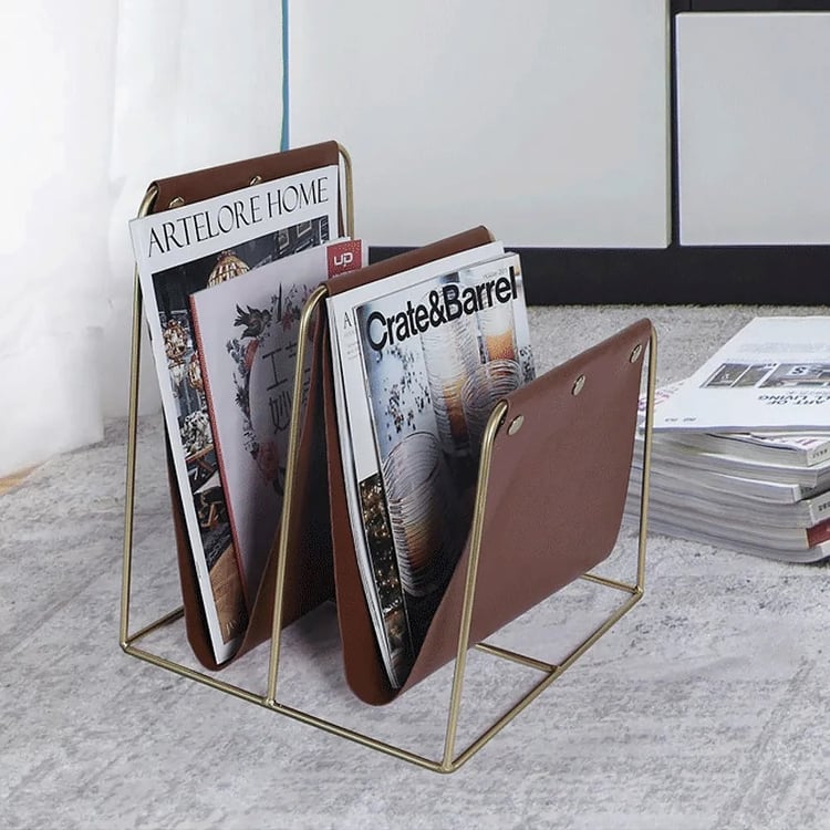Brown 2-Tiered Decorative Magazine Rack in Leather｜Homary