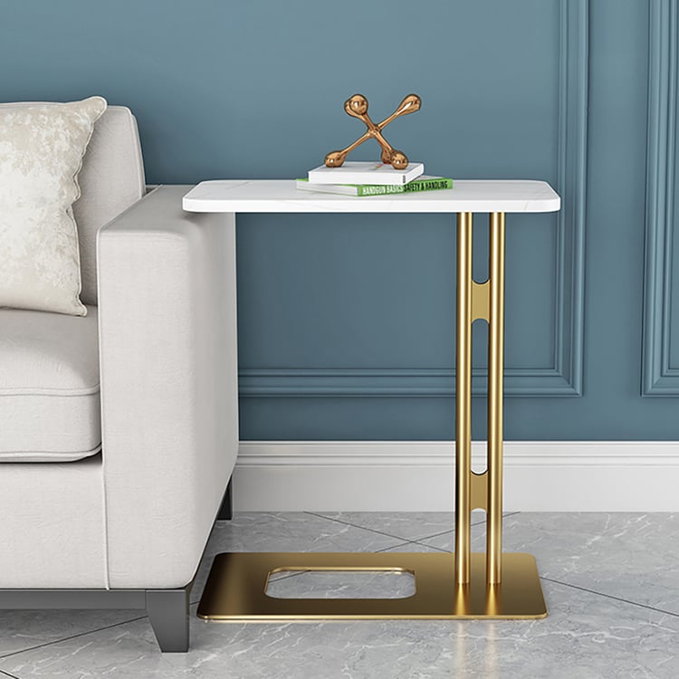 White Modern End Table with Sintered Stone Top & Metal Base Side Table ...