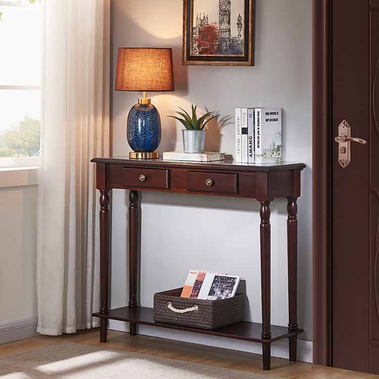 Walnut Narrow Rubber Wood Console Table with Shelf & Drawers｜Homary UK