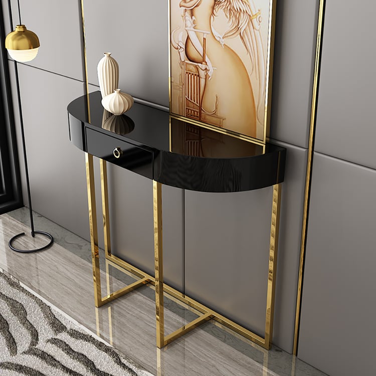 Black Small Demilune Console Table with Storage 1 Drawer Gold Hardware ...