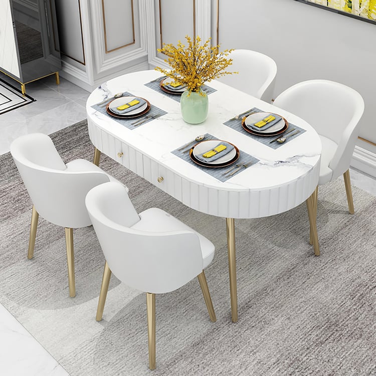 White Oval Dining Table with Drawer Marble Top & Metal Legs｜Homary UK