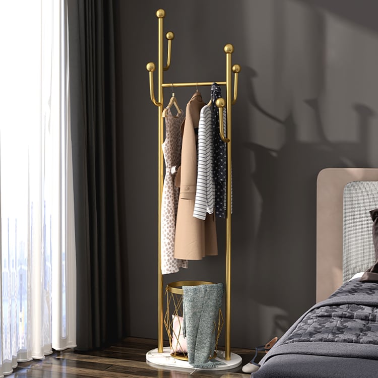 1700mm Contemporary Rail Cloth Rack with Hooks & Basket and Marble Base ...