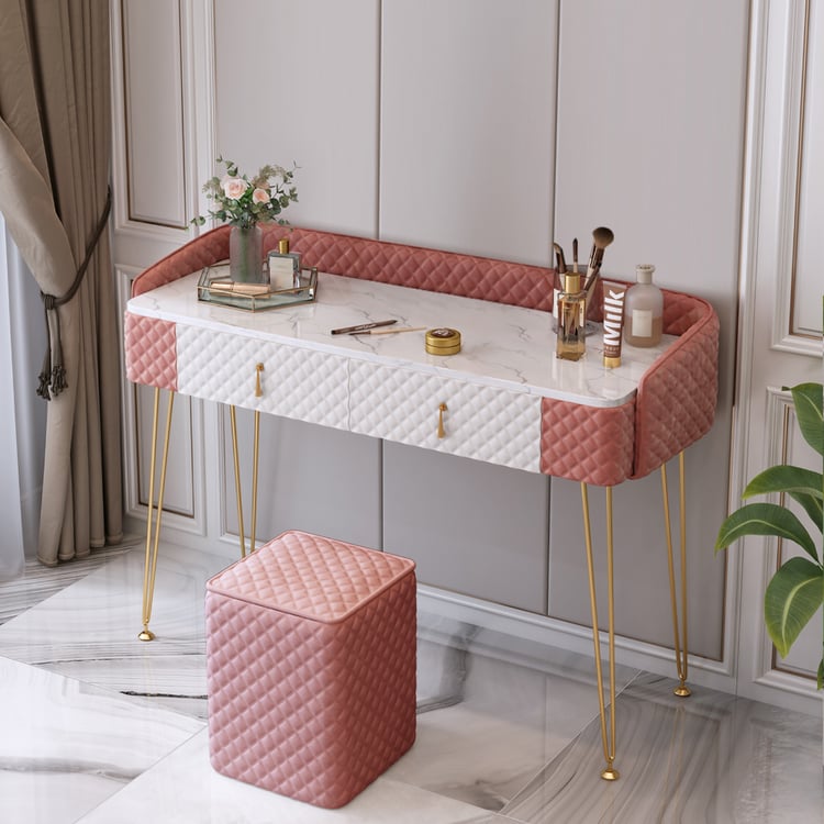 39" Pink & White Velvet Upholstered Makeup Vanity Table with Stools｜Homary