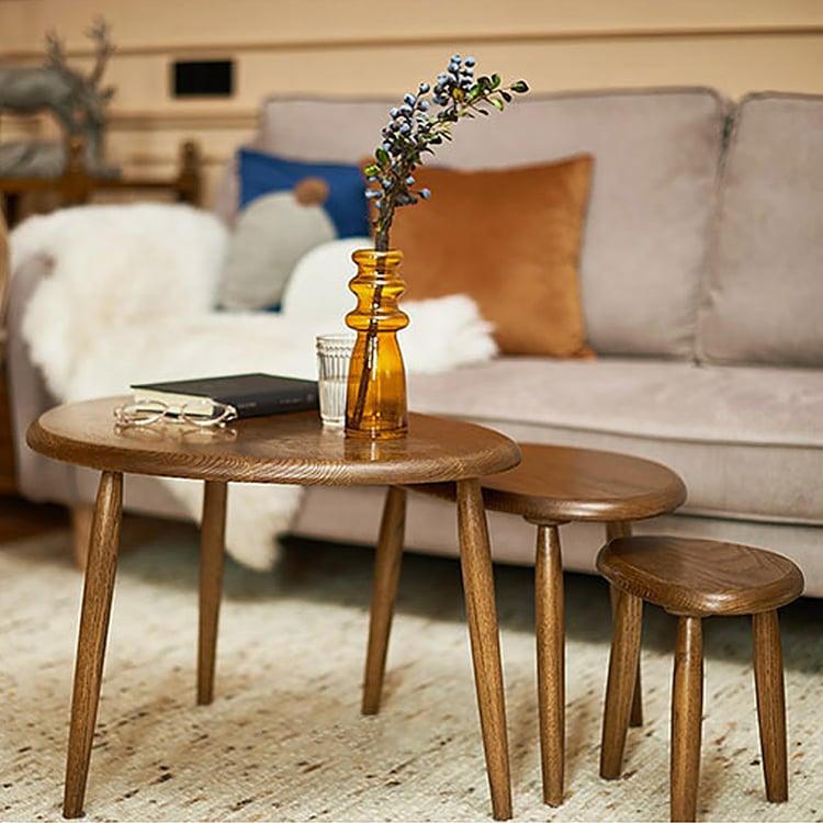 Set of 3 Walnut Coffee Table Solid Wood Accent Table Homary UK
