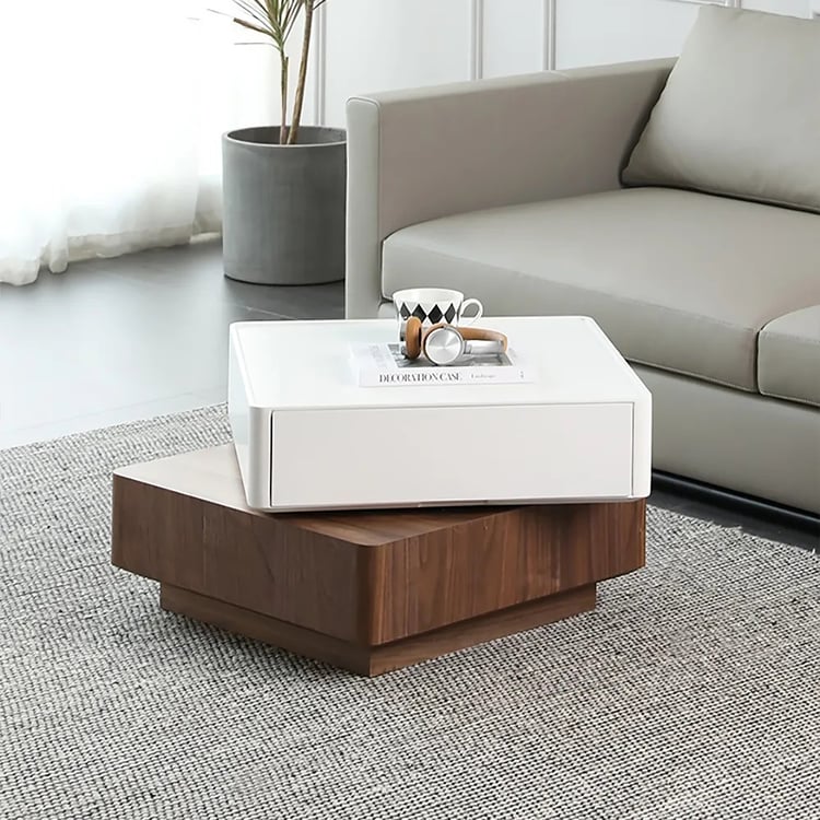 White&Walnut Square Rotating Coffee Table Modern Accent Table with 2 ...