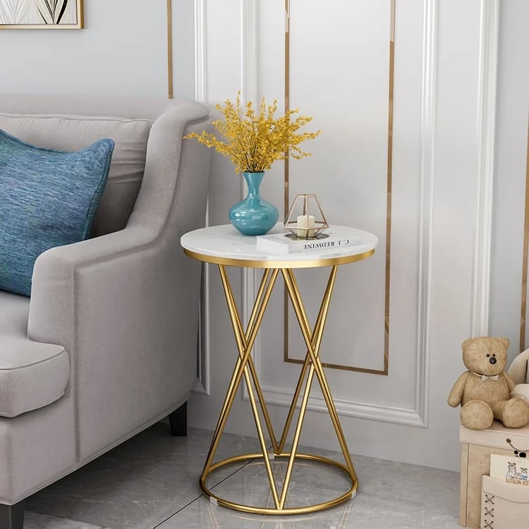 White Modern Round Side Table with Sintered Stone Top End Table | Homary