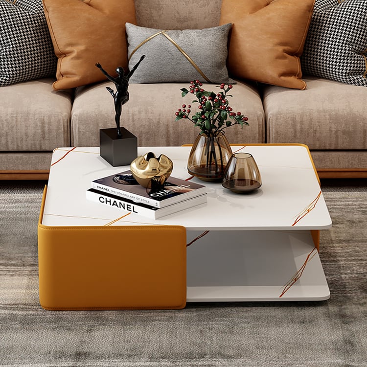 Modern Orange Coffee Table with Storage in Sintered Stone and Leather ...