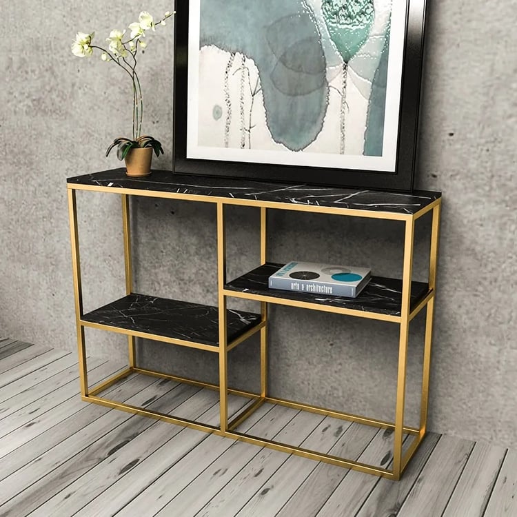 Black Narrow Console Table with Shelves Marble Top & Metal Frame｜Homary