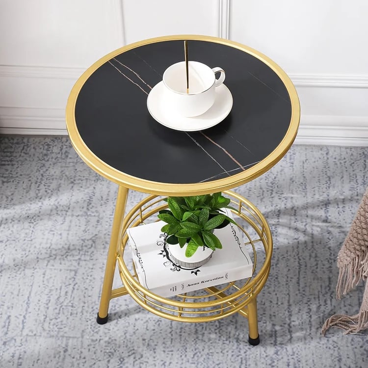 Black Round Side Table with Storage Sintered Stone Top End Table｜Homary