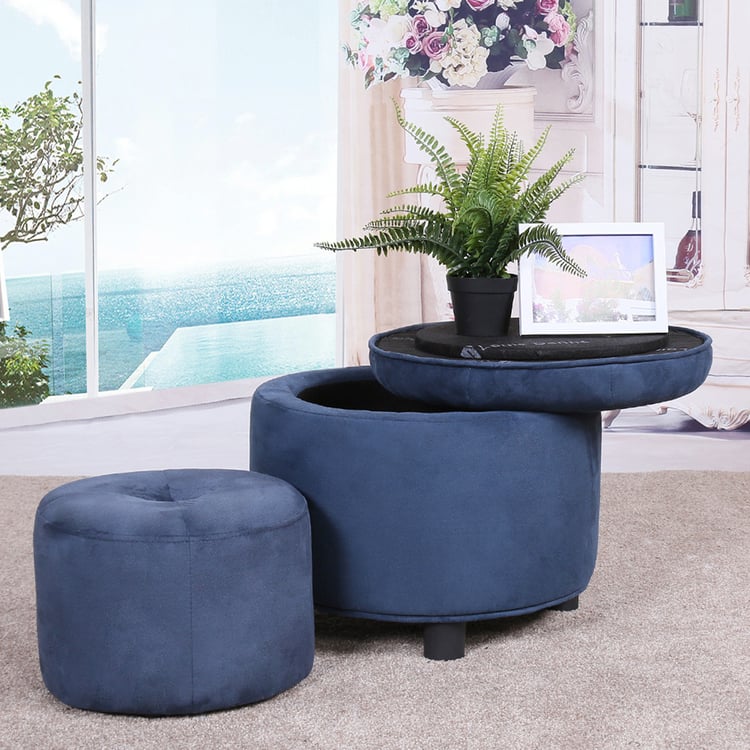 Modern Blue Fabric Button Tutfed Round Storage Ottoman with Small Foot ...