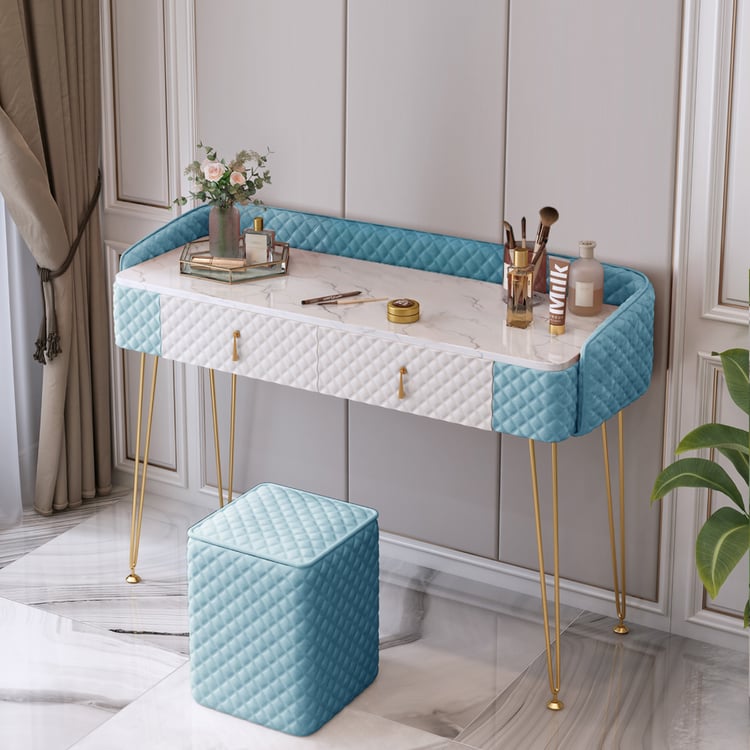 39" Blue & White Velvet Upholstered Makeup Vanity Table with Stools｜Homary