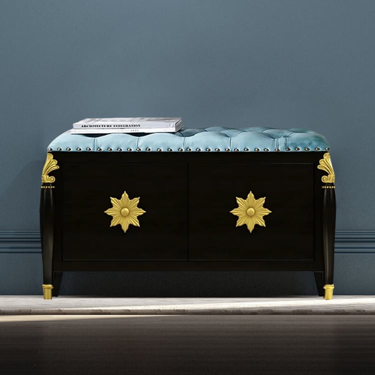 31.5'' Blue Retro Storage Bench Shoe Rack with Leather Upholstered Seat ...