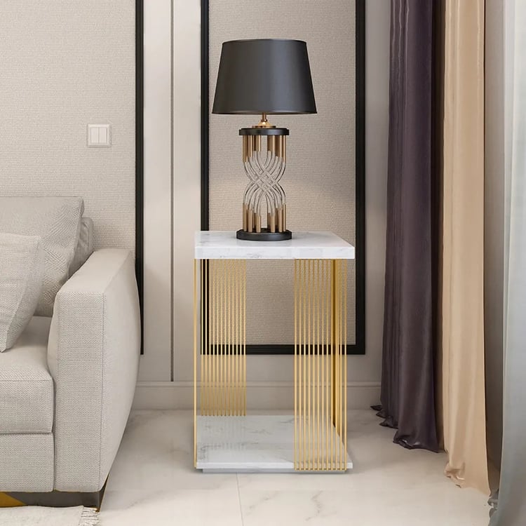 2-Tiered Modern Marble End Table with Metal Frame White｜Homary