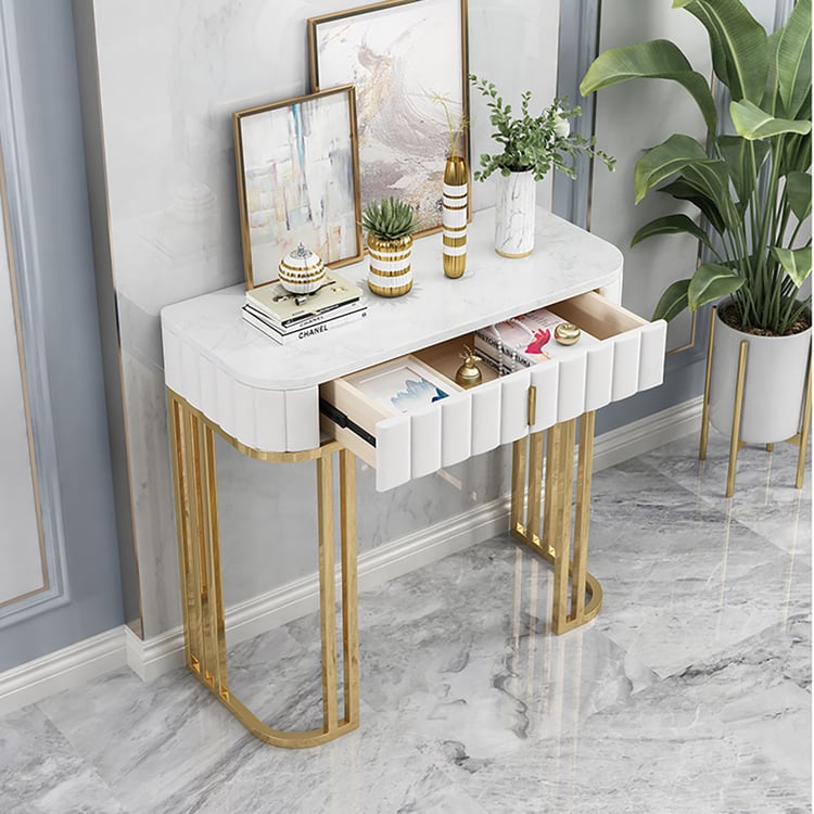 White Modern Console Table with Drawers Marble Top & Metal Frame｜Homary