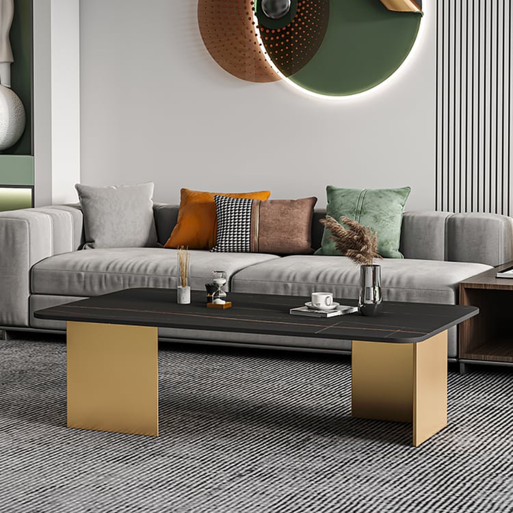 47.2" Black Rectangular Coffee Table with Sintered Stone Top & Metal ...