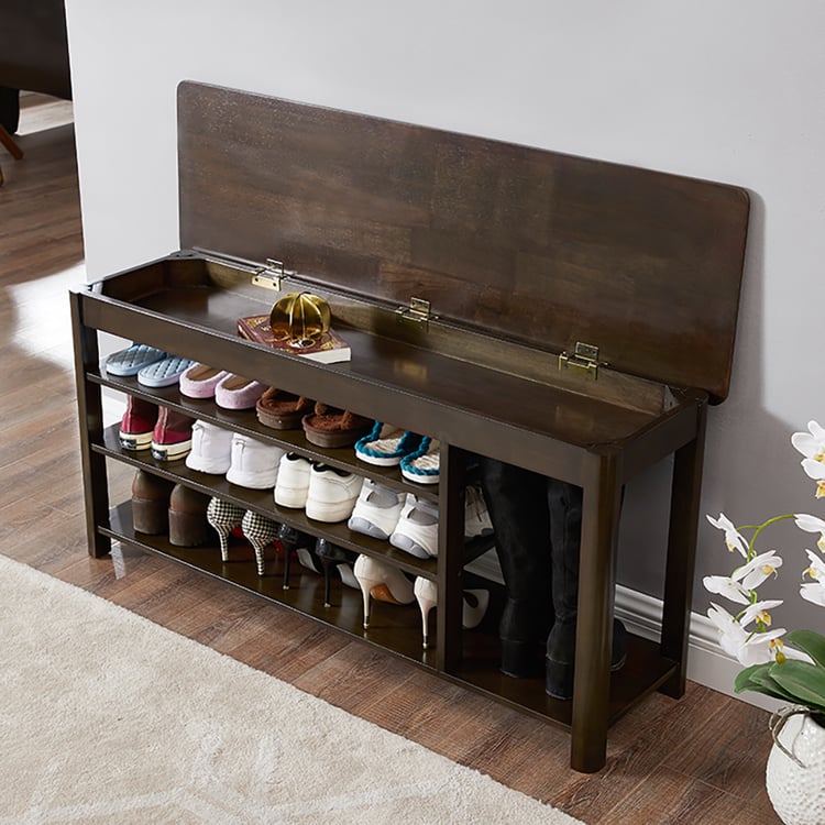 1000mm Black Walnut Shoe Rack Bench Storage with 3 Tier Shelves and ...