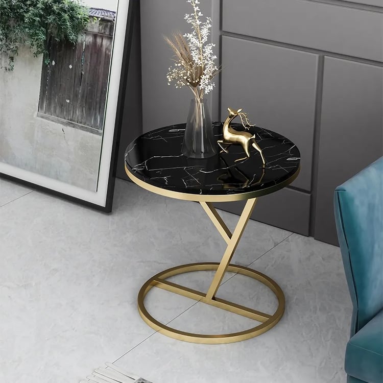 Black Round Side Table with Marble Top Metal Frame｜Homary UK