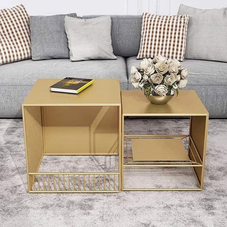 Gold Modern End Table Set with Shelf Metal Side Table 2-Piece｜Homary