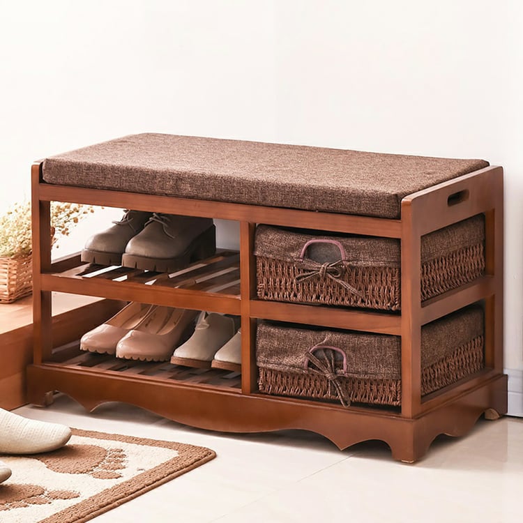 Rustic Style Entryway Shoe Storage Bench Shoe Rack with 2 Tier Shelves ...