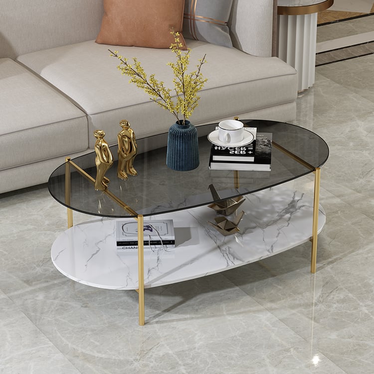 Black Modern Oval Coffee Table with Marble Shelf Tempered Glass Top Homary UK