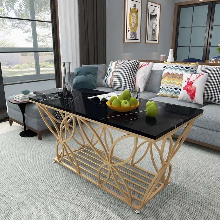 47.2" Black Modern Marble Coffee Table Metal Frame｜Homary