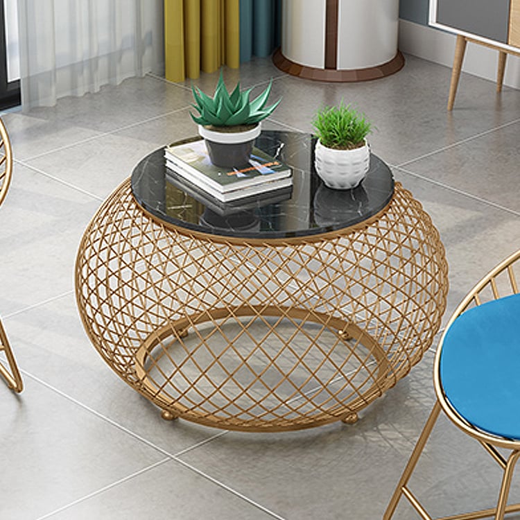 Modern Black Round Coffee Table with Marble Top & Metal Base | Homary