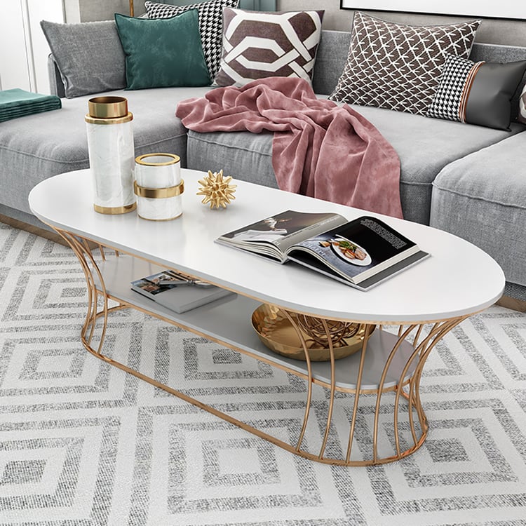 Modern Marble Coffee Table with Shelf Metal Frame White｜Homary