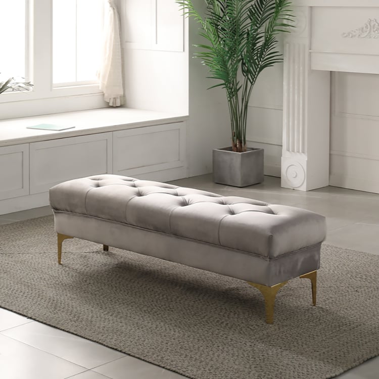 Light Grey Velvet Upholstered Bench Tufted Entryway Bench Metal Legs ...