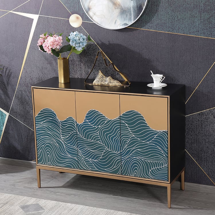 47" Gold Wave Lines Green&Black Buffet 3-Door 4-Shelf Sideboard Cabinet ...