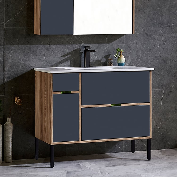 Free-Standing Gray Blue & Walnut Bathroom Vanity Ceramics Top Integral ...