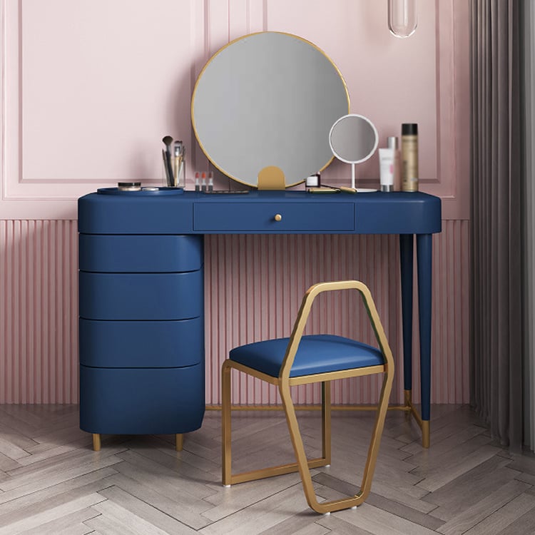 Blue Wood and Metal Makeup Vanity Set with Mirror and Stool｜Homary